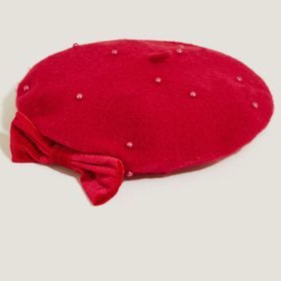 Accessories | Red Pearly Bow Wool Beret | Poshmark